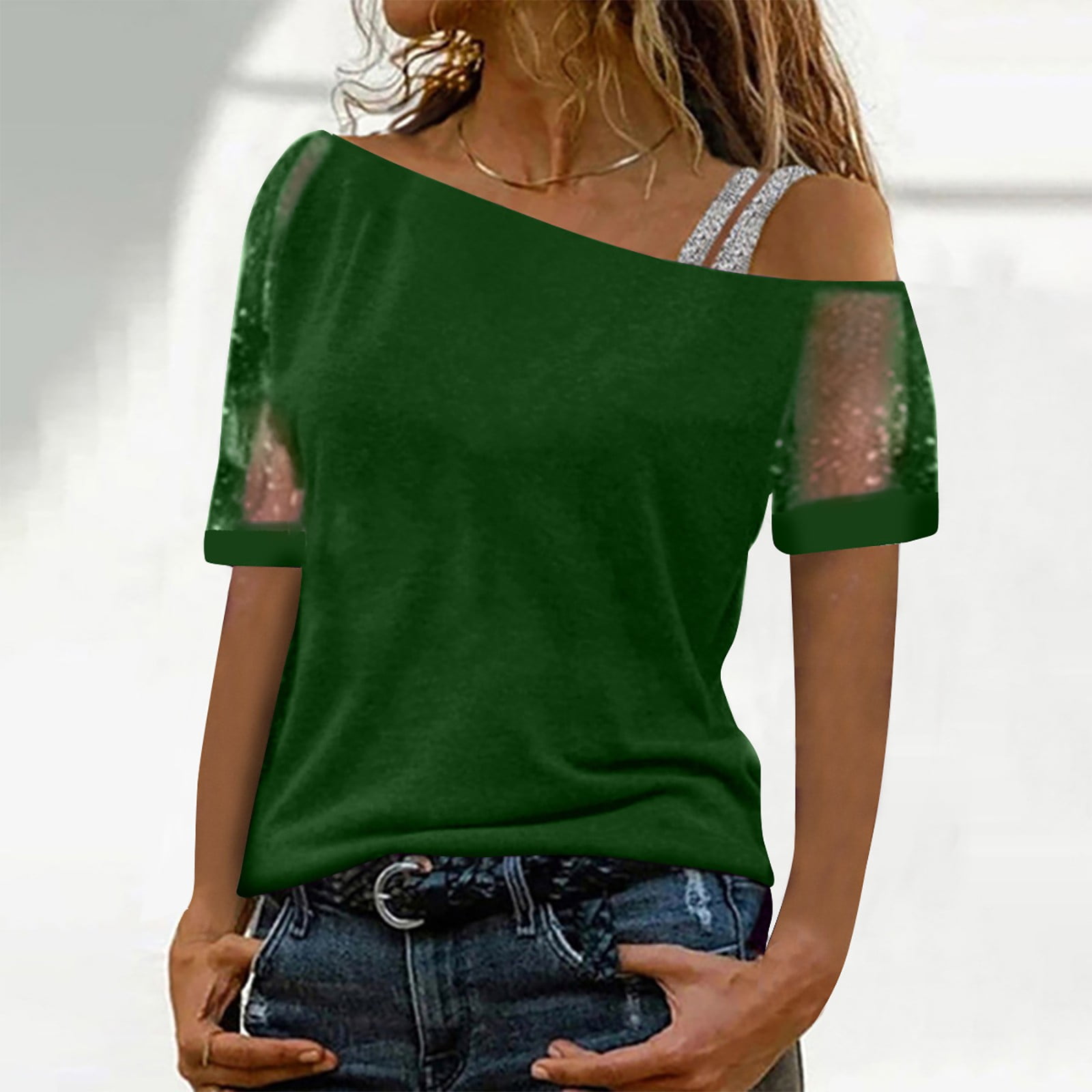 Hhei K Womens Fashion Round Neck Pullover Mesh Solid Colour Strapless