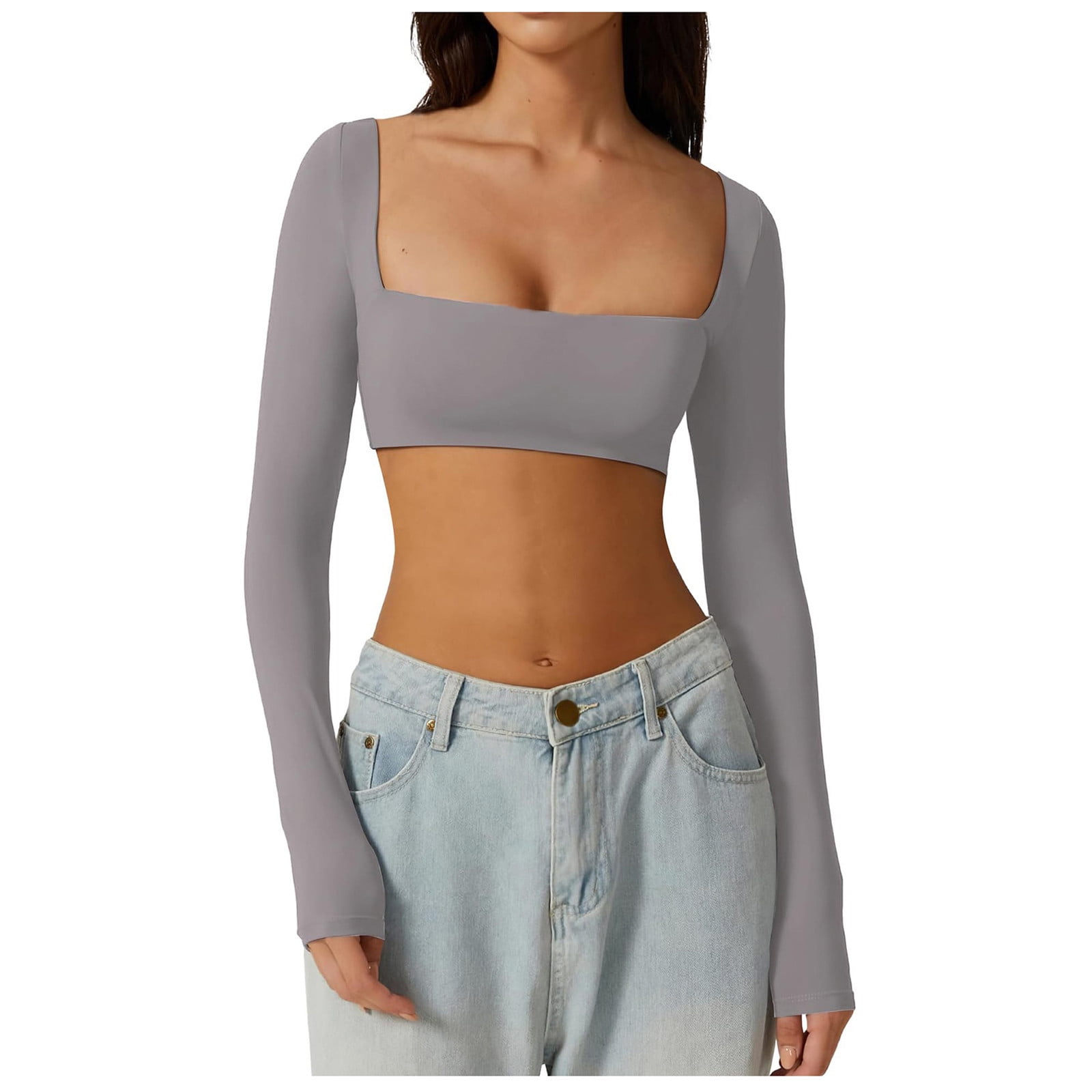 Hheik Women Slim Fit Crop Tops Crewneck Skinny Shirt Long Sleeve Y2k