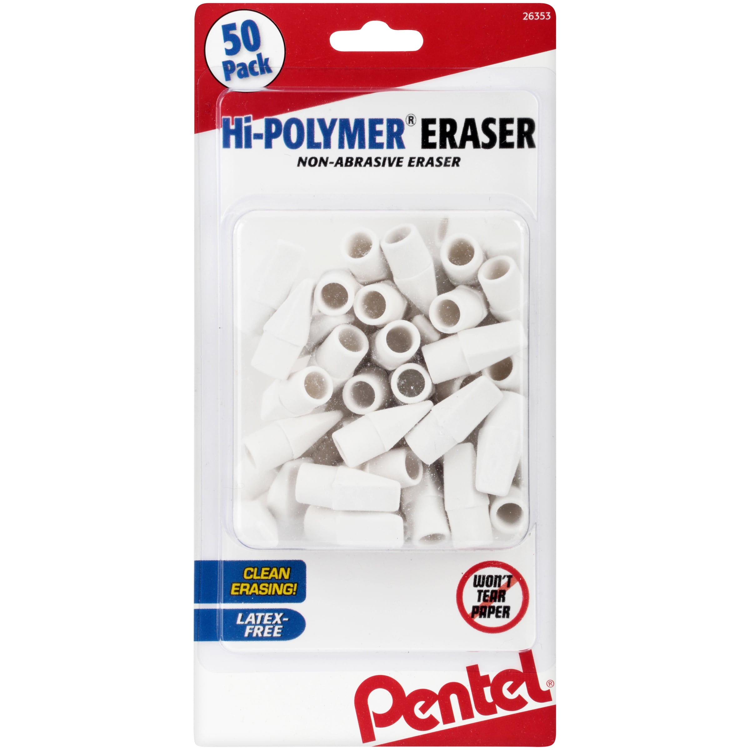 Pentel Hi-Polymer High-Quality Eraser Caps, Latex Free, White 50-Pk ...