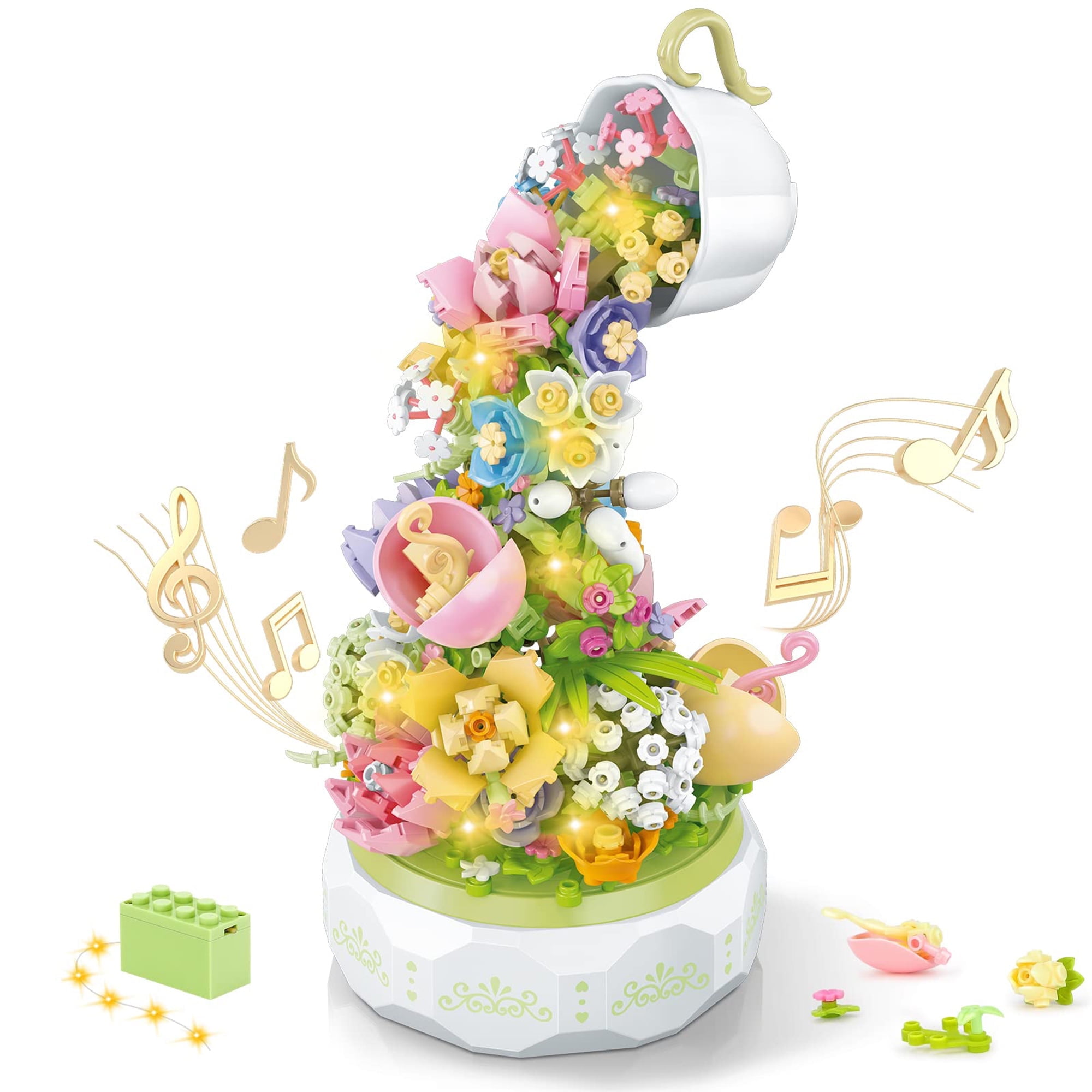 HI-Reeke Multi-Color Flower Building Block Set, Botanical Music Box Kit ...