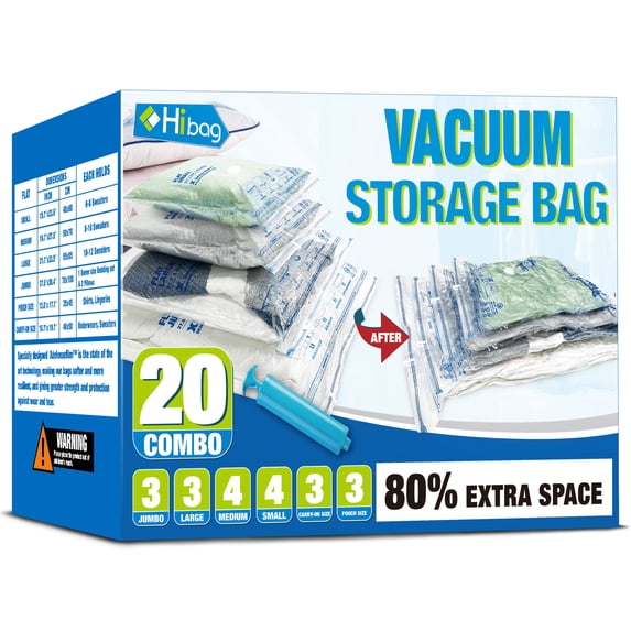 HIBAG 20 Pack Vacuum Storage Bags w/ Hand Pump (4 Med, 3 Lrg, 3 Jumbo ...