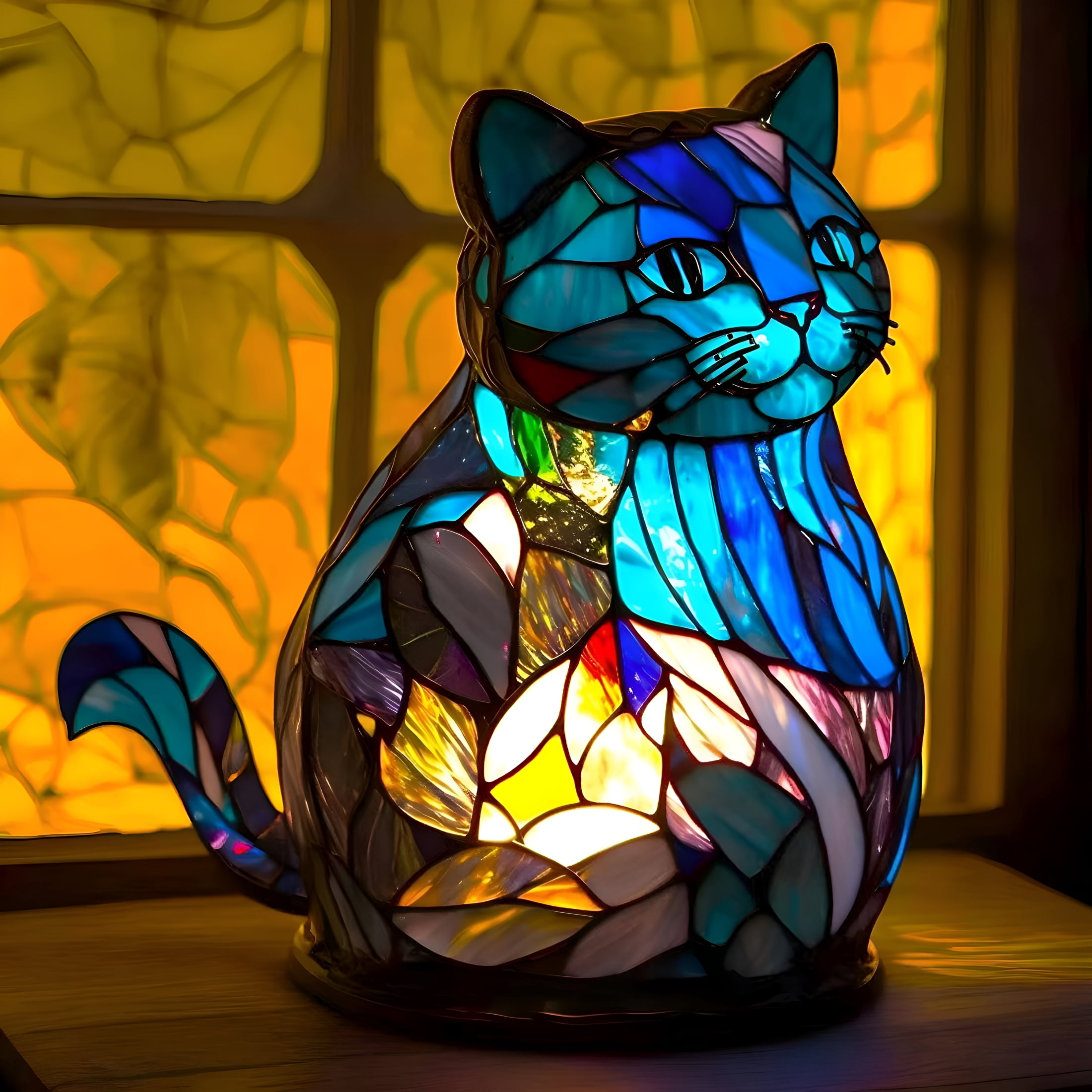 HIBIBUD 2026 New Stained Glass Cat Lamp-Vintage Resin Night Light with ...