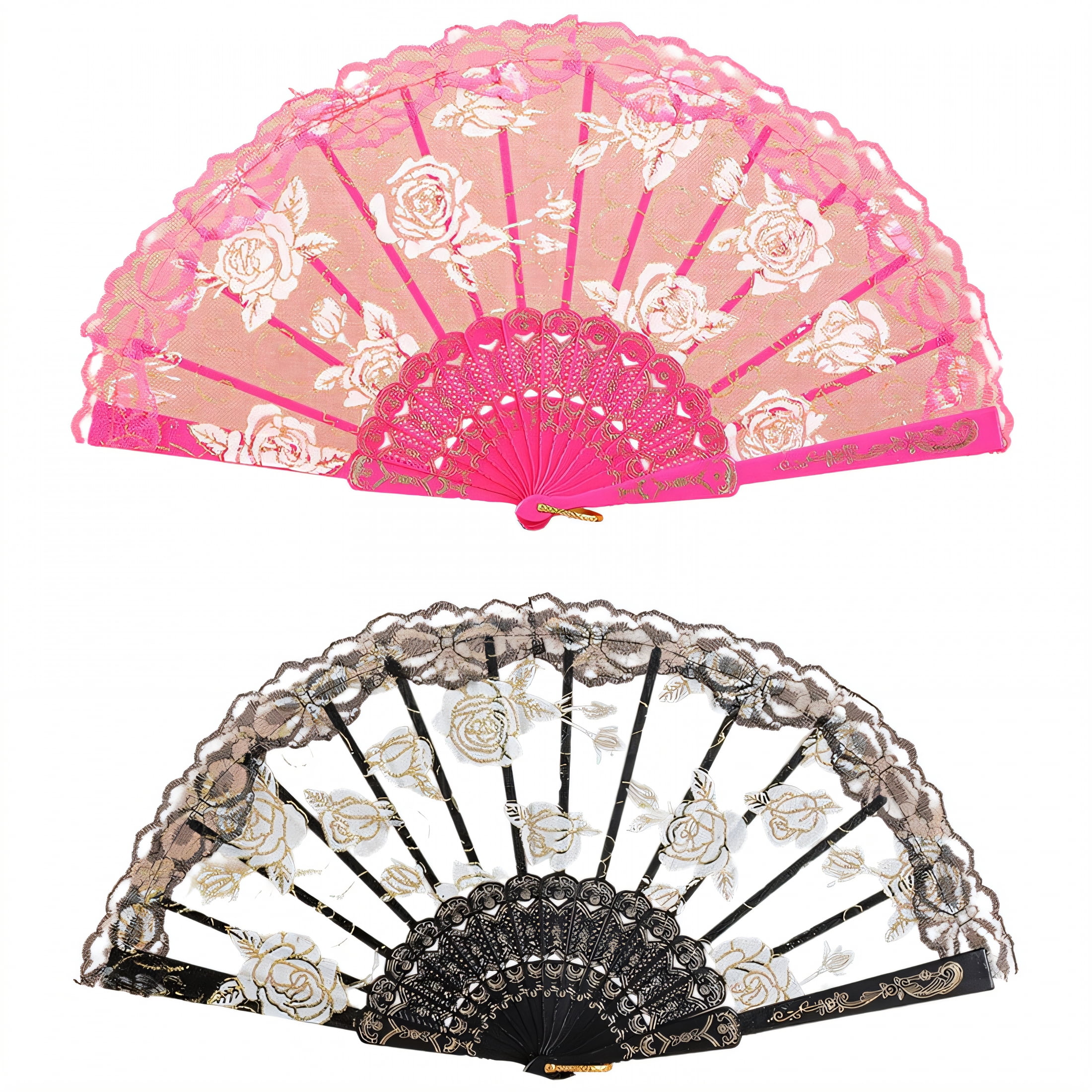 HIBIBUD 2Pcs Folding Fan Soft Lace Trim Folding Fans Handheld Light ...