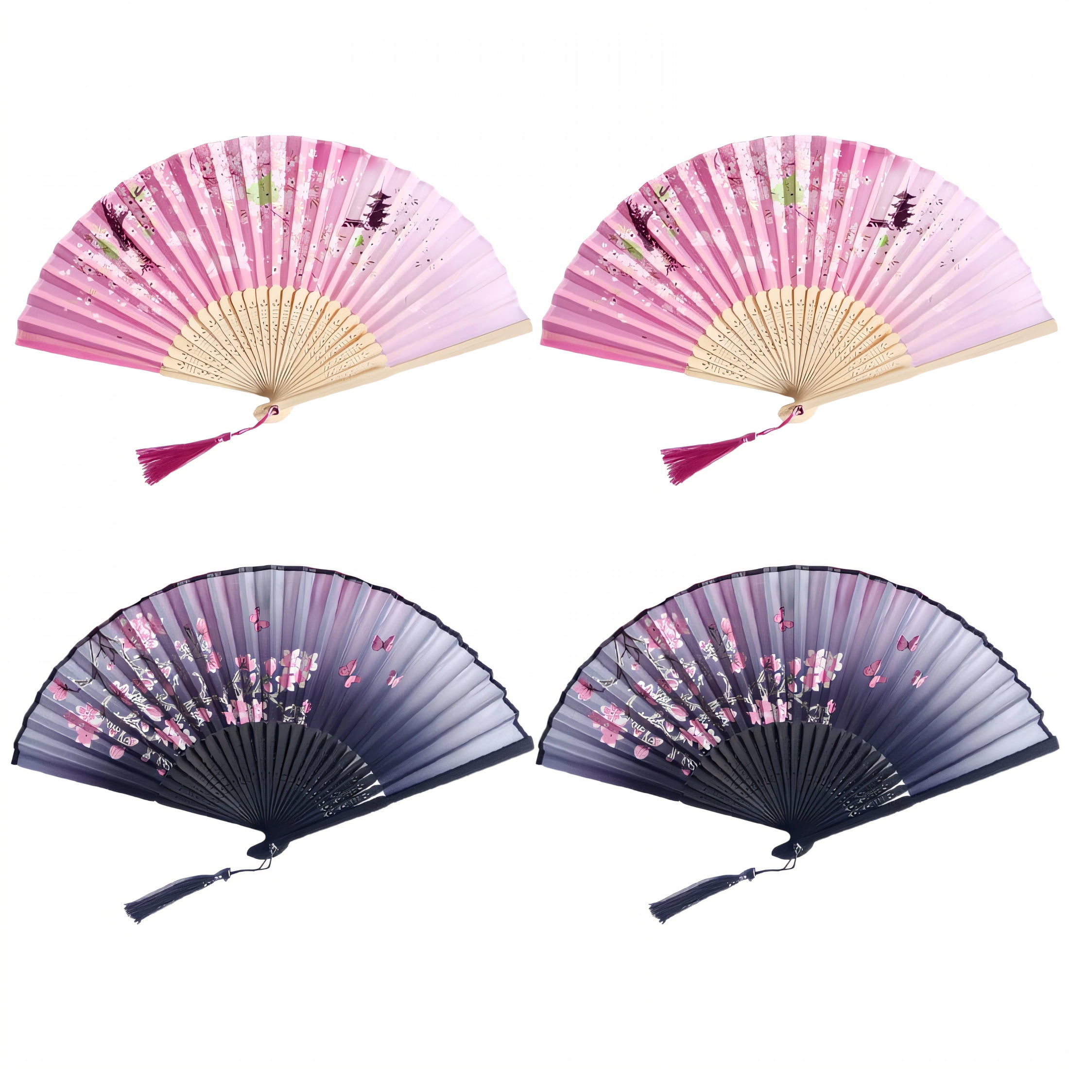 HIBIBUD 4Pcs Folding Fan Delicate Tassel Feature Hand Fans for Women ...