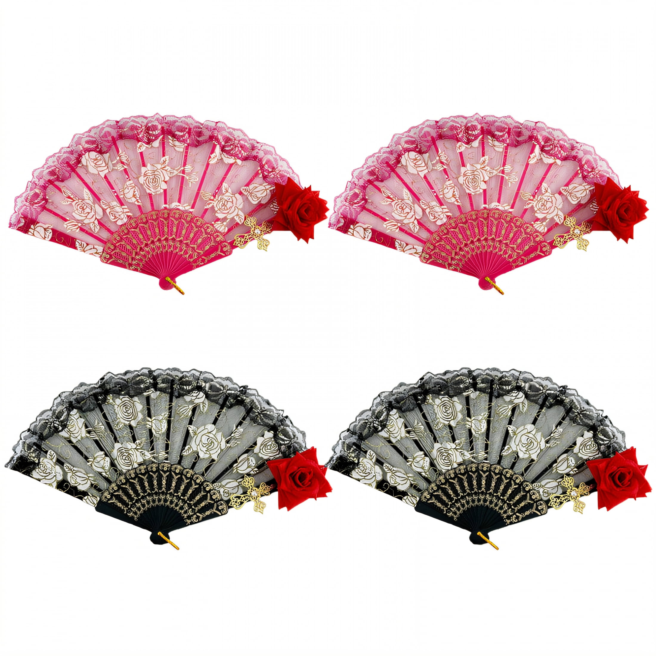 HIBIBUD 4Pcs Folding Fan Intricate Lace Finish Clap Fans for Line ...