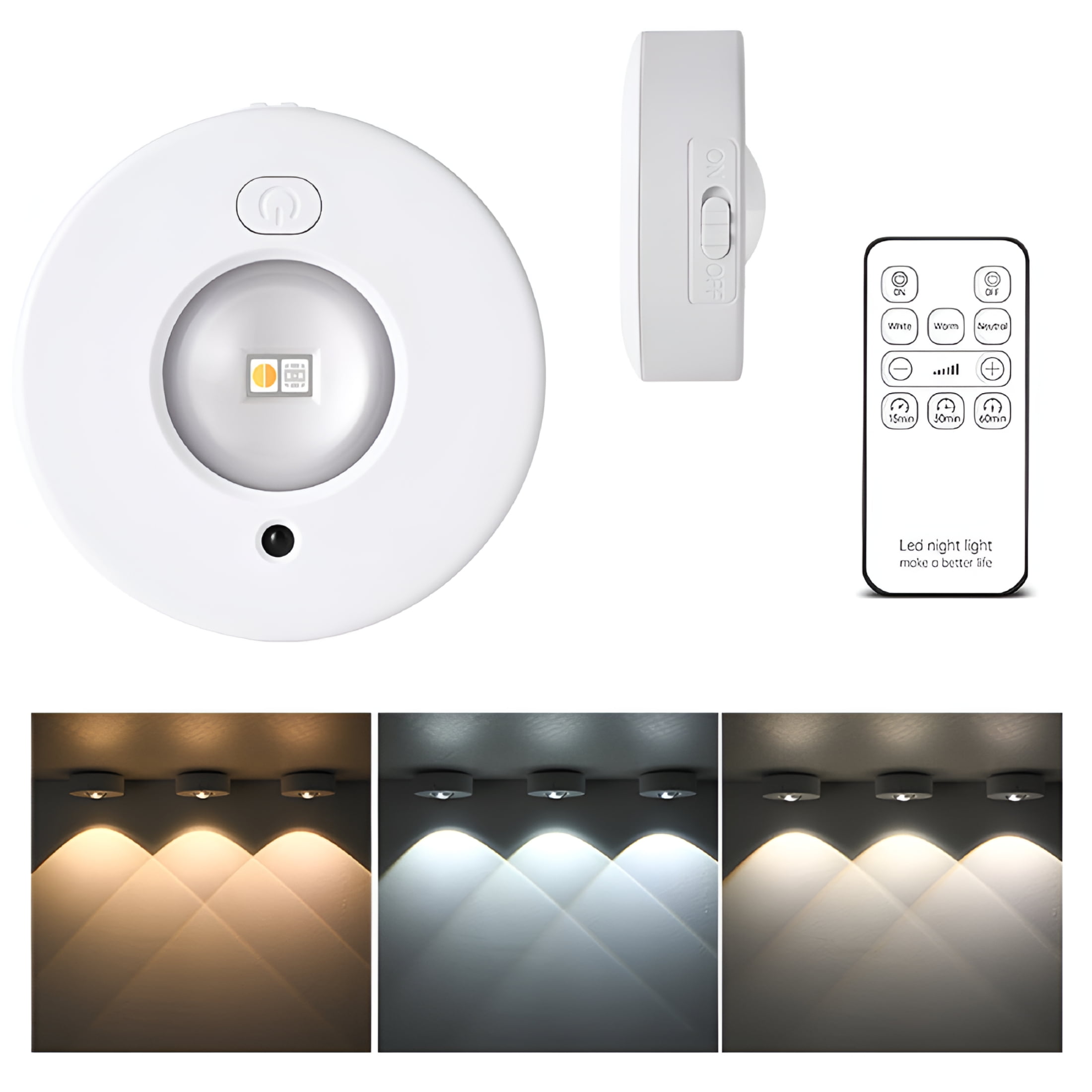 HIBIBUD Rechargeable Wireless Puck Lights with Remote,3 Color Dimmable ...