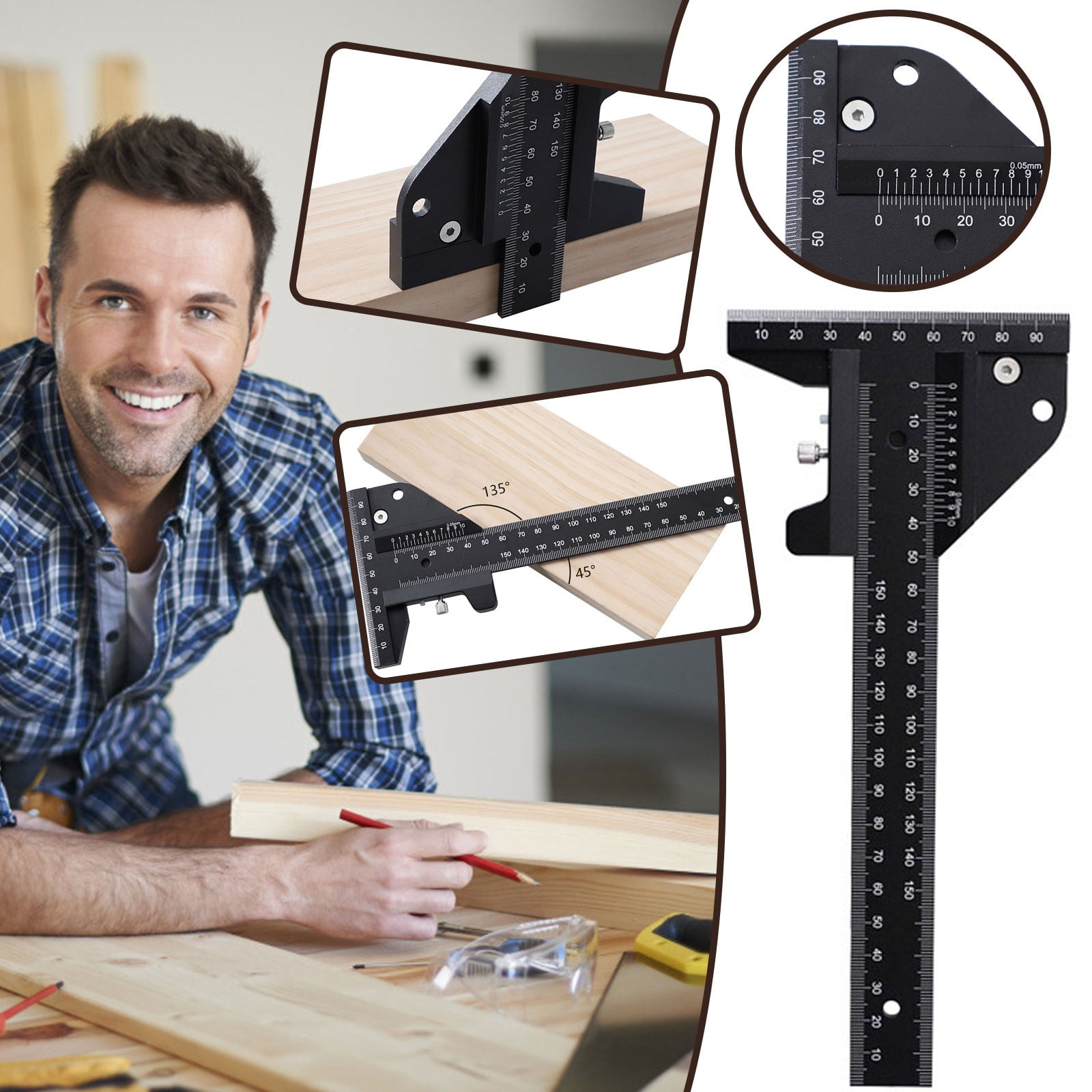 HIBRO Carpentry Ruler Gauge Measuring Scriber Woodworking Multifunction ...