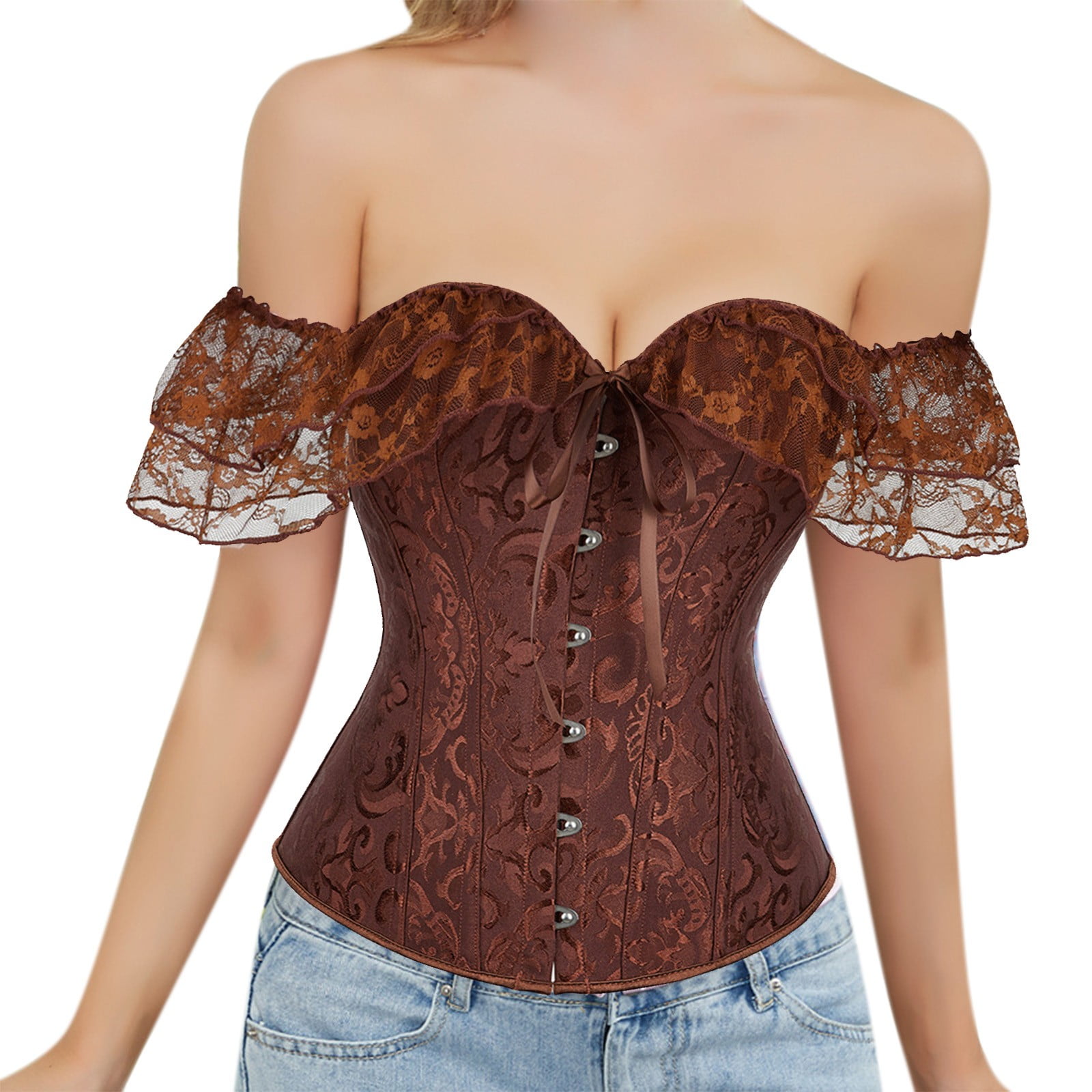 Hibro Womens Lace Up Vintage Boned Bustier Corset With Garters Lace Up