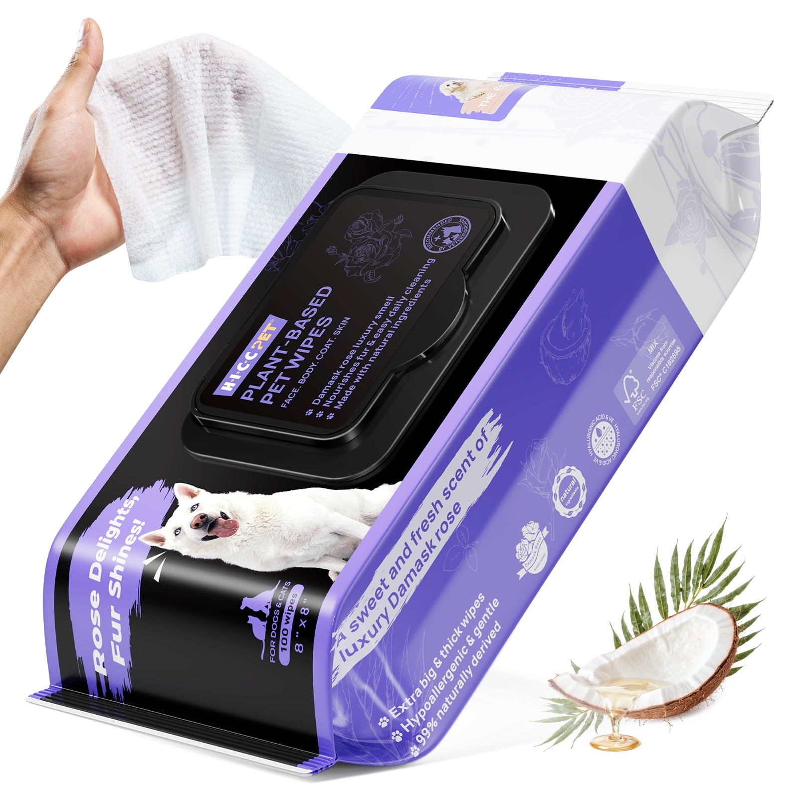 HICC Pet Plant-Based Dog and Cat Wipes, 100 Count, Rose Scented ...