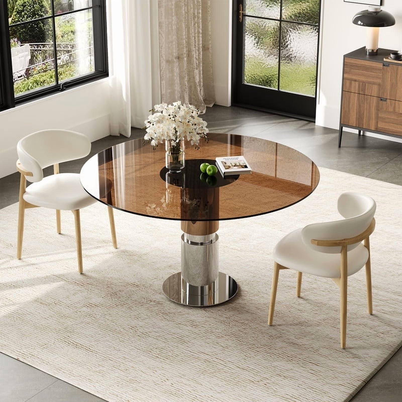 HICOMILA 35-Inch Round Glass Dining Set+2 Chairs, Tempered Glass ...