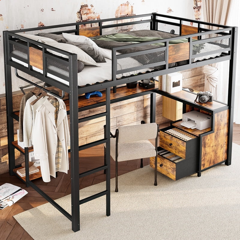 HICOMILA Full Size Loft Bed with L-Shaped Desk ＆ Storage Drawers ...