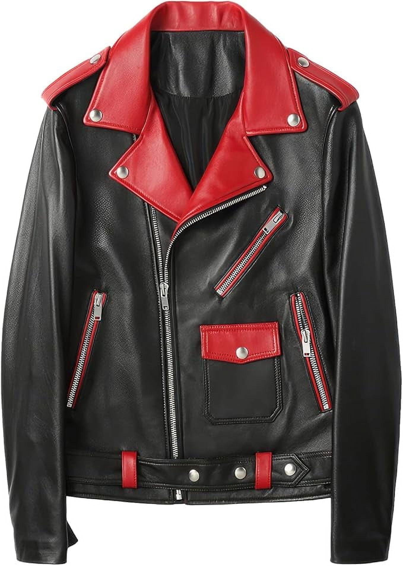 HIDE CRAFTS Men's Black Biker Sheepskin Leather Jacket with Red Lapel ...
