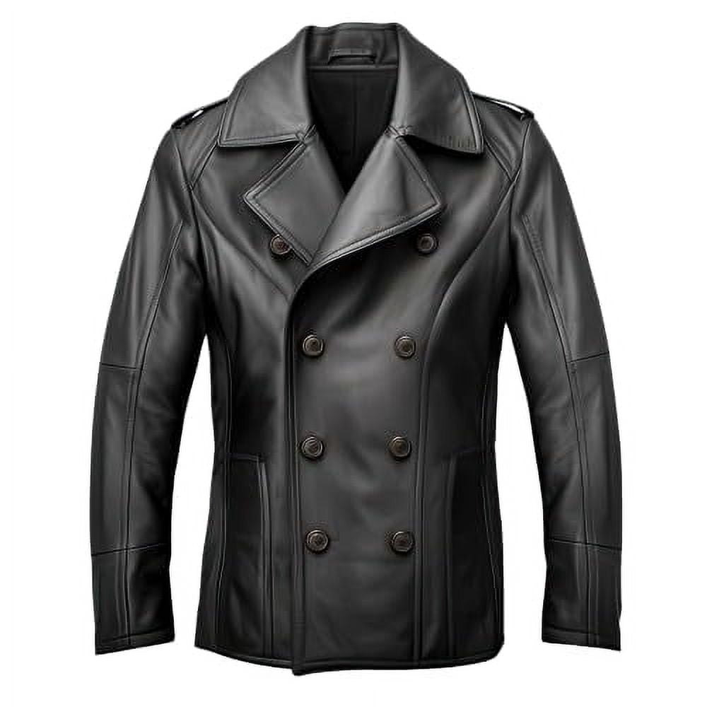 HIDE CRAFTS Men's Black Genuine Sheepskin Double Breasted Leather Pea ...