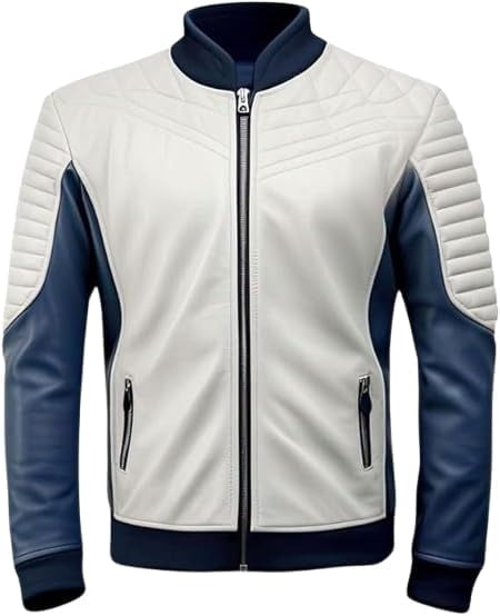 HIDE CRAFTS Men's Quilted Leather Motorcycle Jacket, White and Navy ...