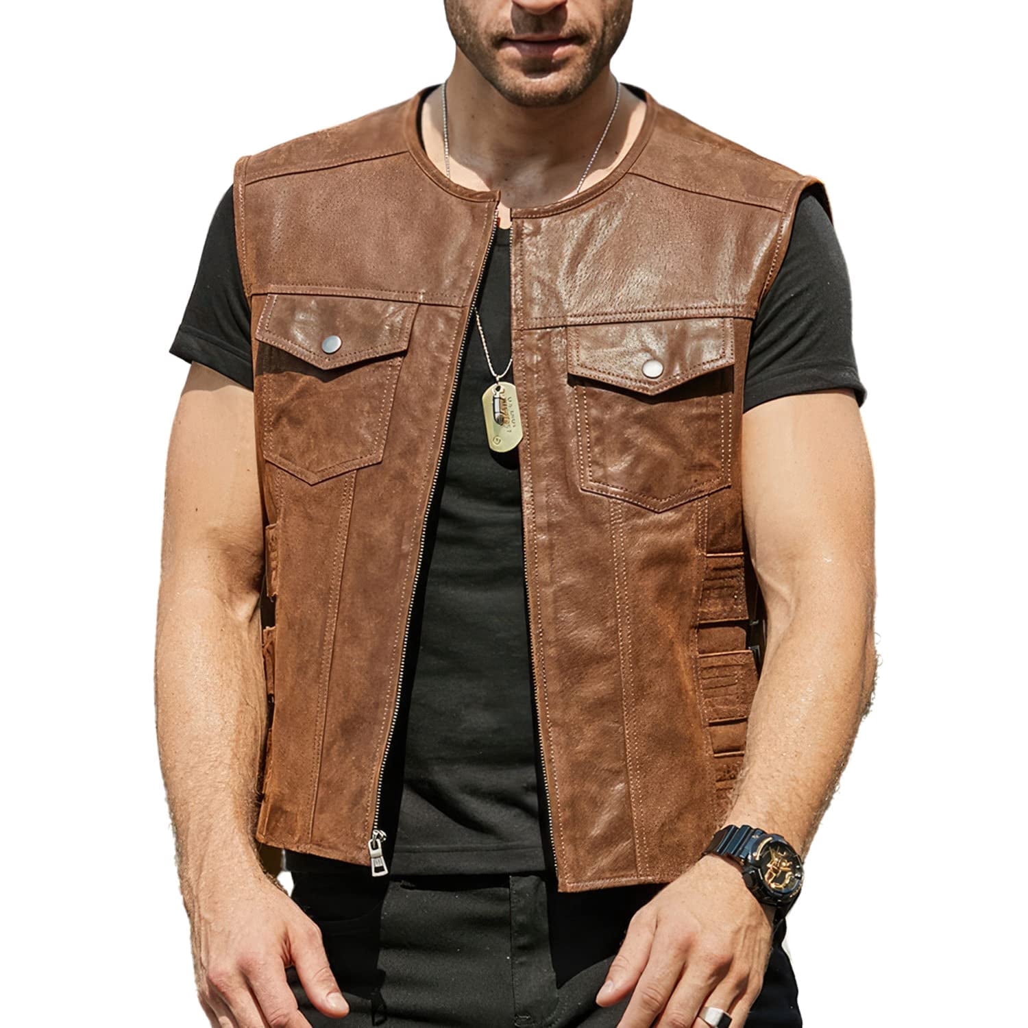 HIDE CRAFTS Men’s Vintage Brown Genuine Leather Vest Moto Biker Classic ...