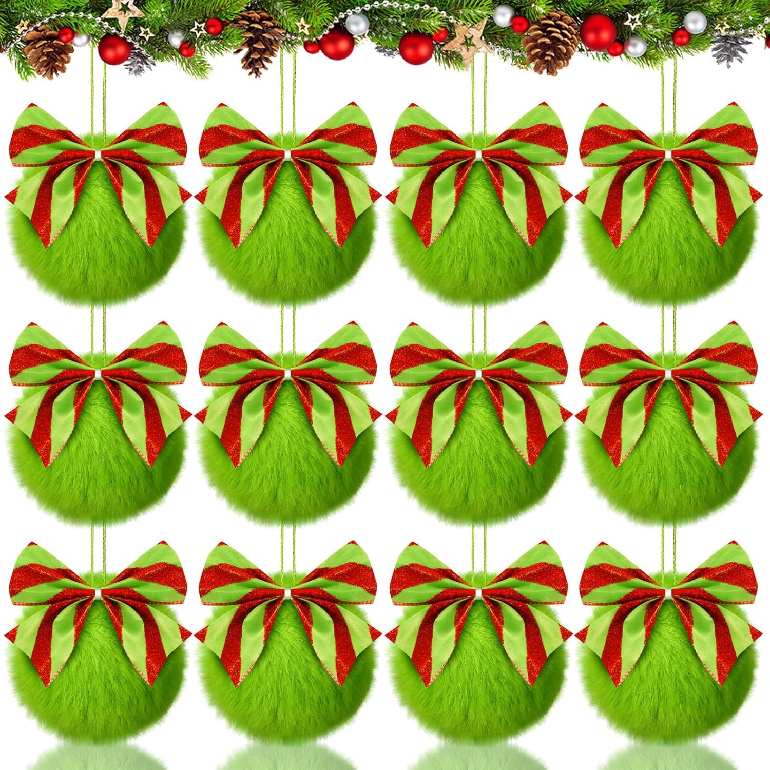 HIELLFQ 12 Pcs Green Furry Christmas Ball Ornaments Bow Little Plush ...