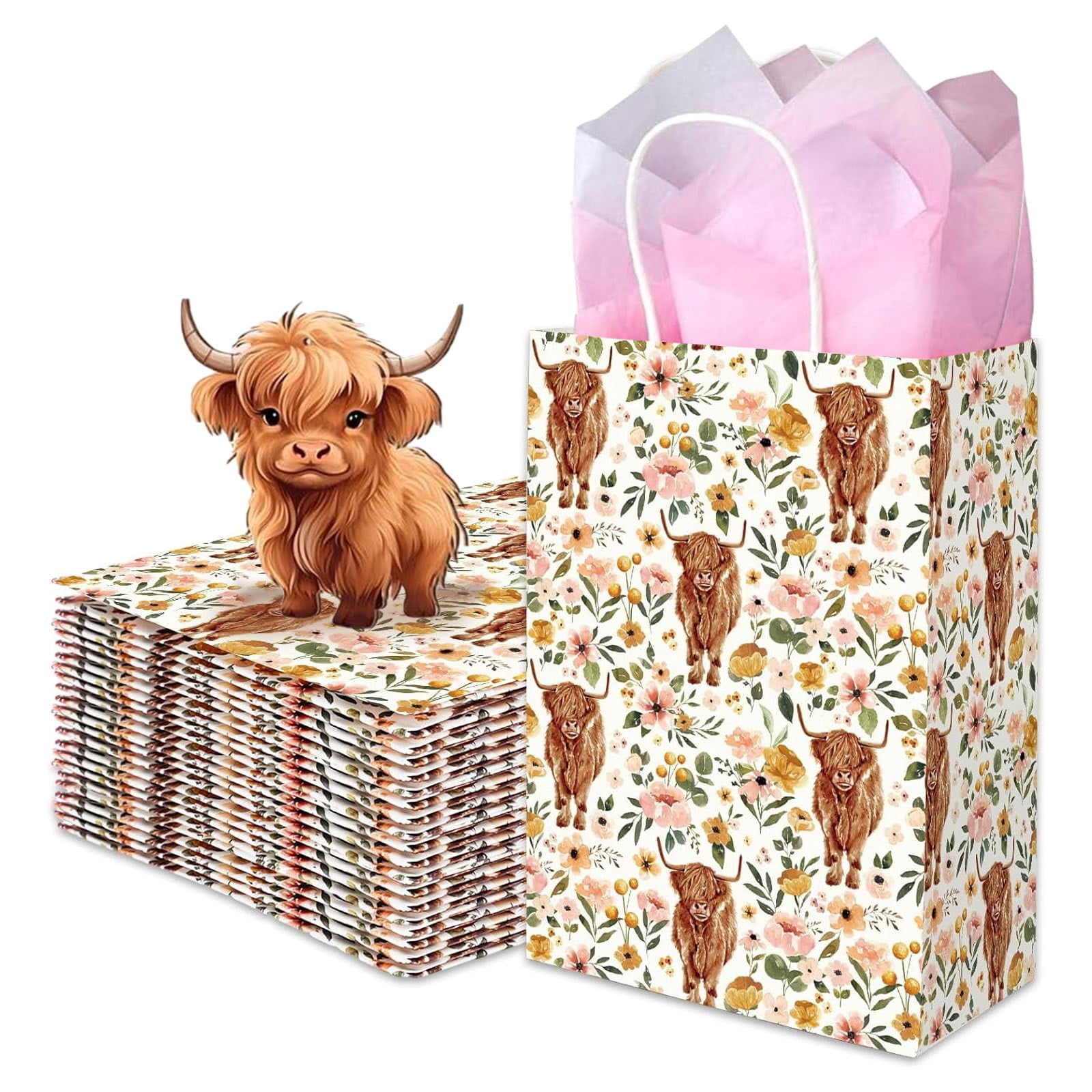 HIENAJ 16Pcs Boho Floral Highland Cow Gift Bags Bulk Watercolor peony ...