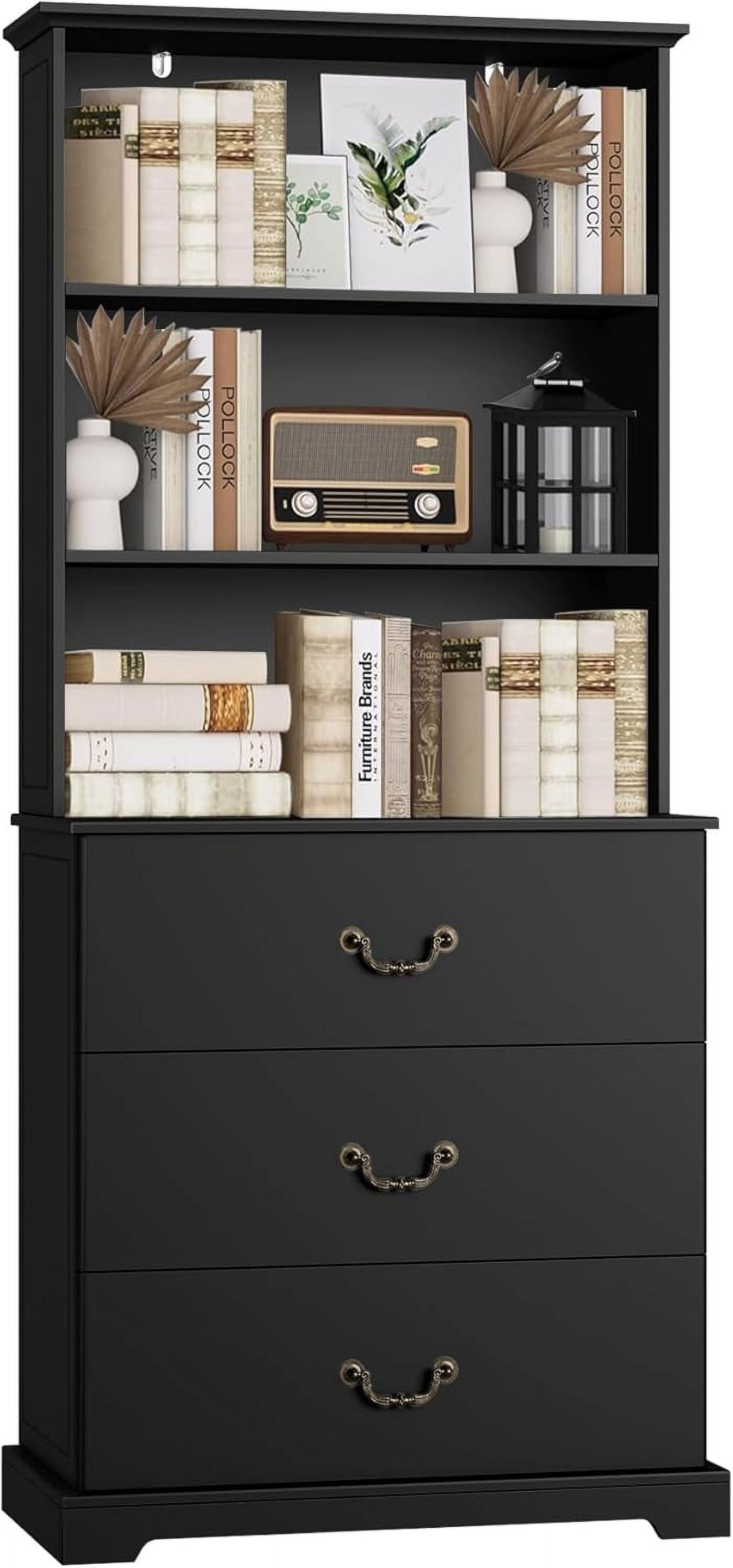 HIFIT 71" H Black Bookshelf with Drawers, Tall Bookshelves and ...