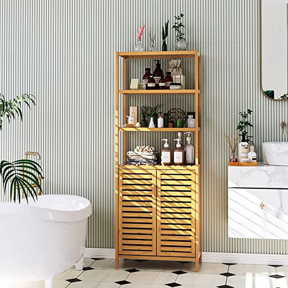 HIFIT Tall Bathroom Storage Cabinet, 66" Bamboo Narrow Bathroom Floor ...