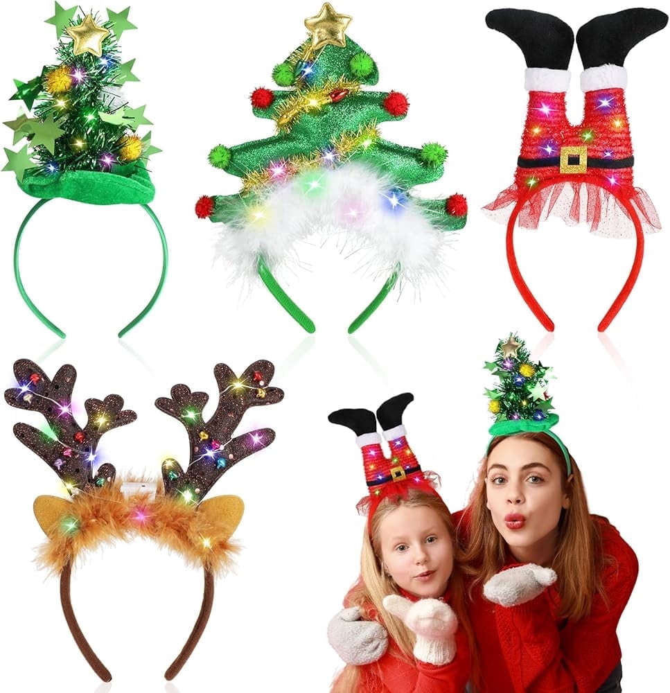 HIFOT 4 Pack LED Christmas Headbands, Light up Christmas Elf Headband ...