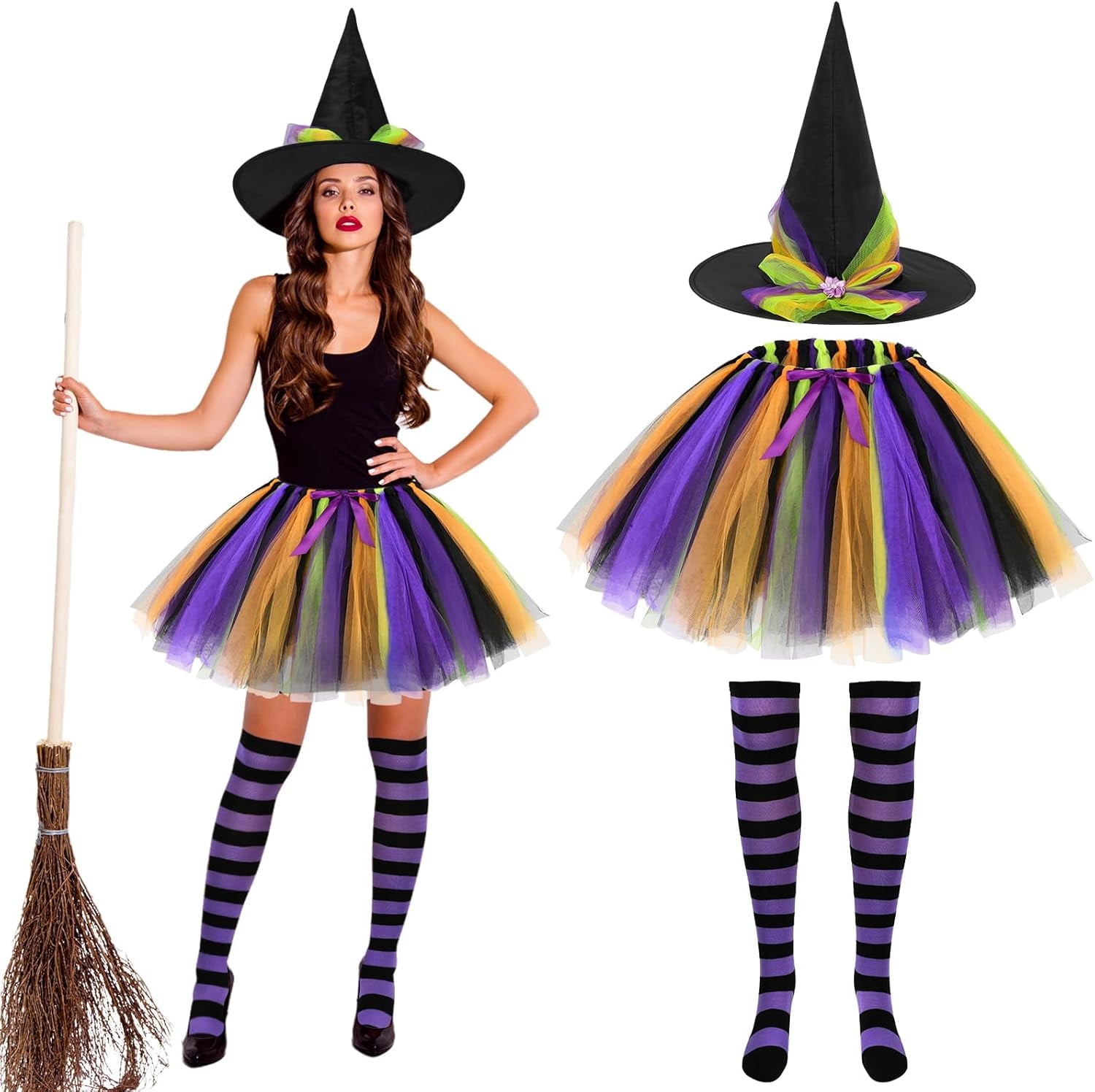 HIFOT Witches Costume Women Tutu Skirt Witches Hat and Stockings Witch Outfit Adult Halloween ...