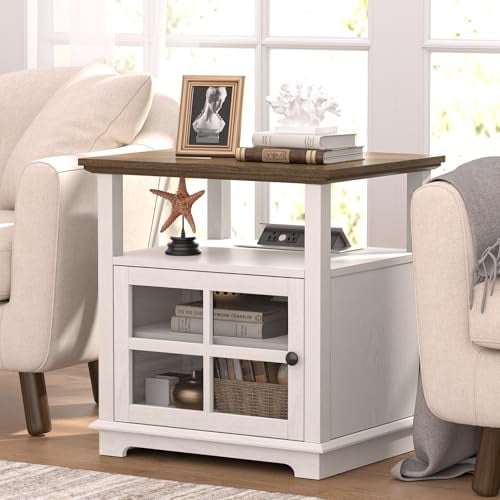 HIFYOBRO 21'' White End Table with Charging Station, Adjustable Shelf ...