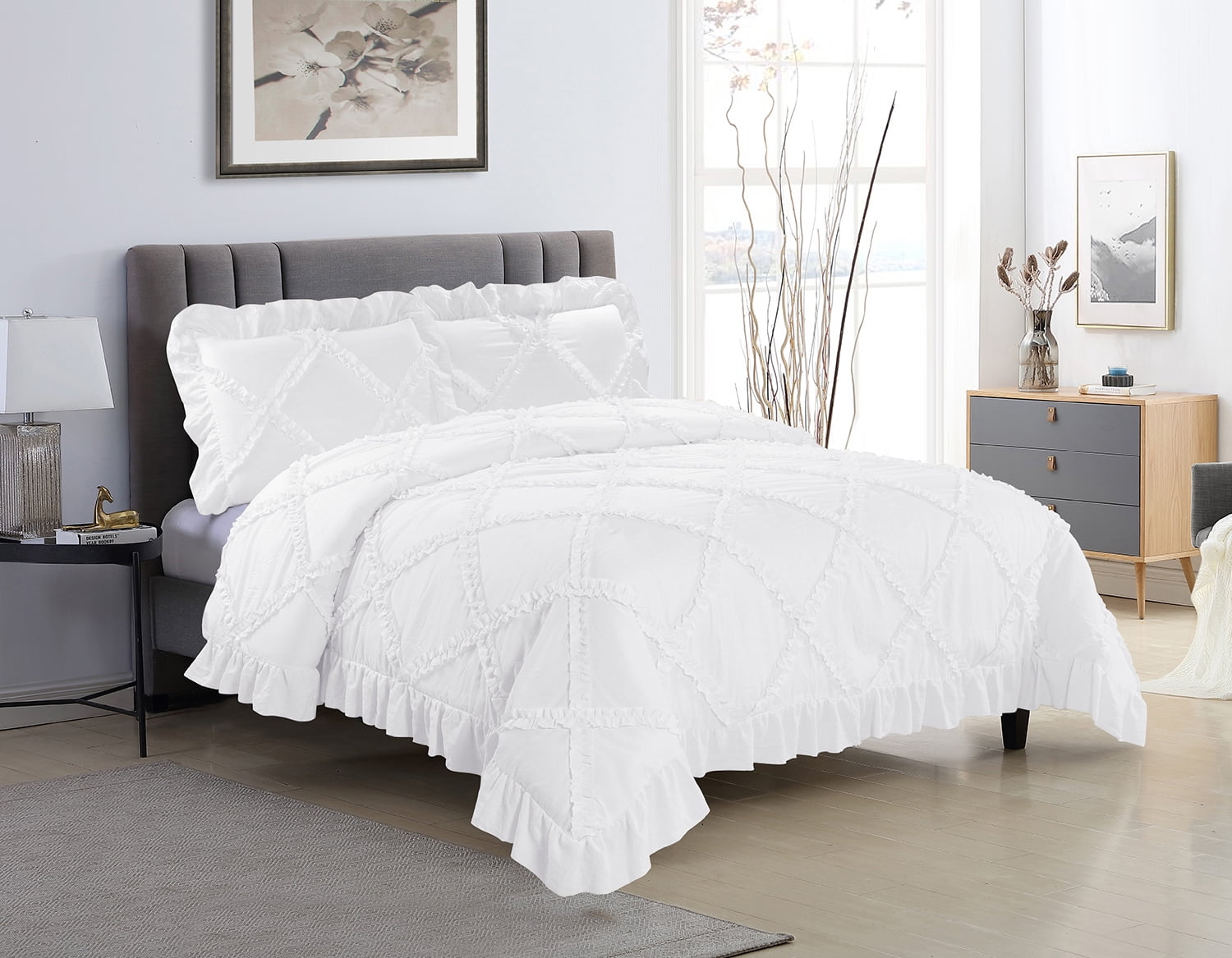 HIG 3 Pieces White Ruffle Comforter Set, 1 Comforter with 2 Pillow ...