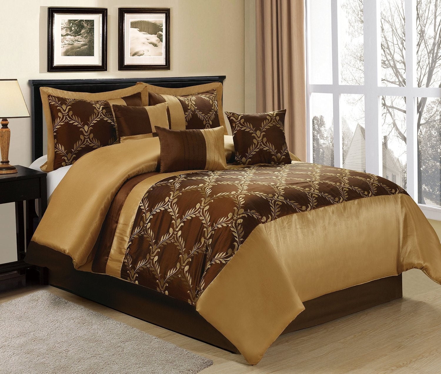 HIG 7 Piece Chocolate and Gold Faux Silk Fabric Embroideried Bedding ...