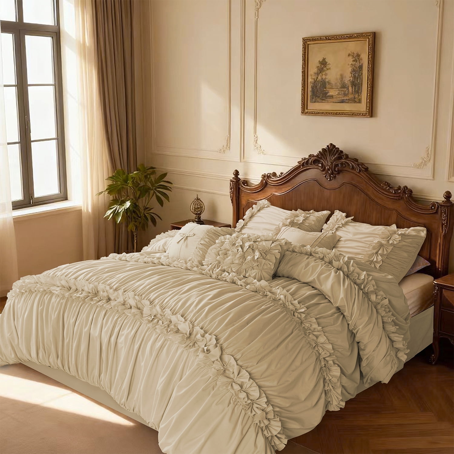 HIG 7 Piece Comforter Set Vintage Ruched Design Fluffy Down Alternative ...