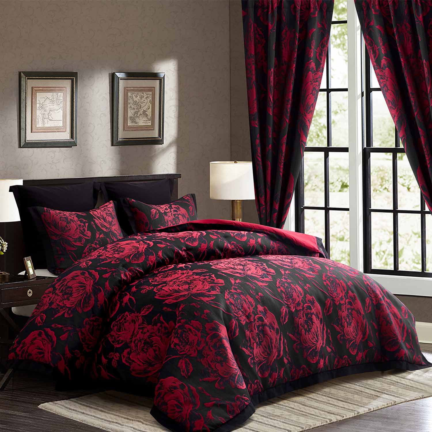 HIG 7-Piece King Comforter Set with Matching Curtains - Burgundy Flower ...