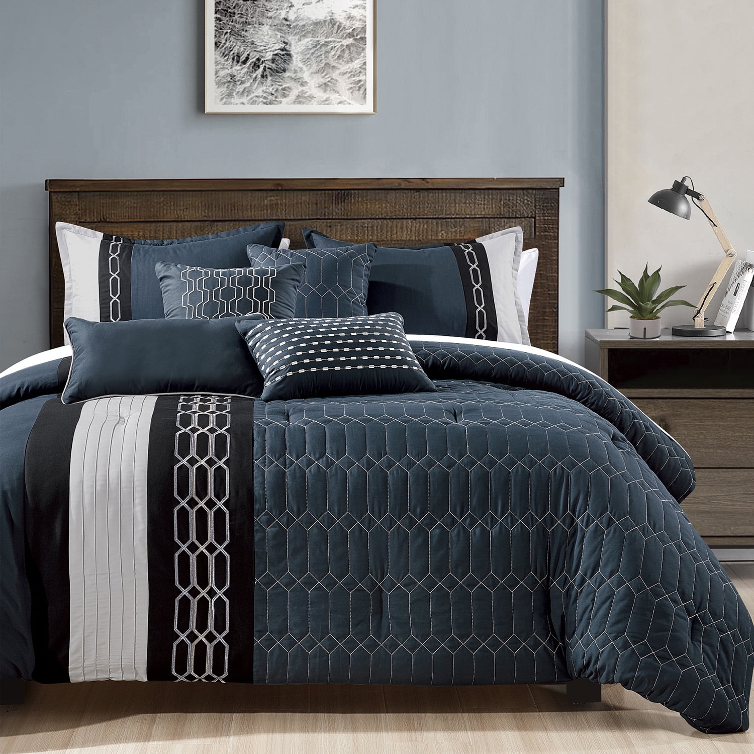 Hig 7 Pieces Embroidered Queen Size Comforter Set Navy Blue Brushed