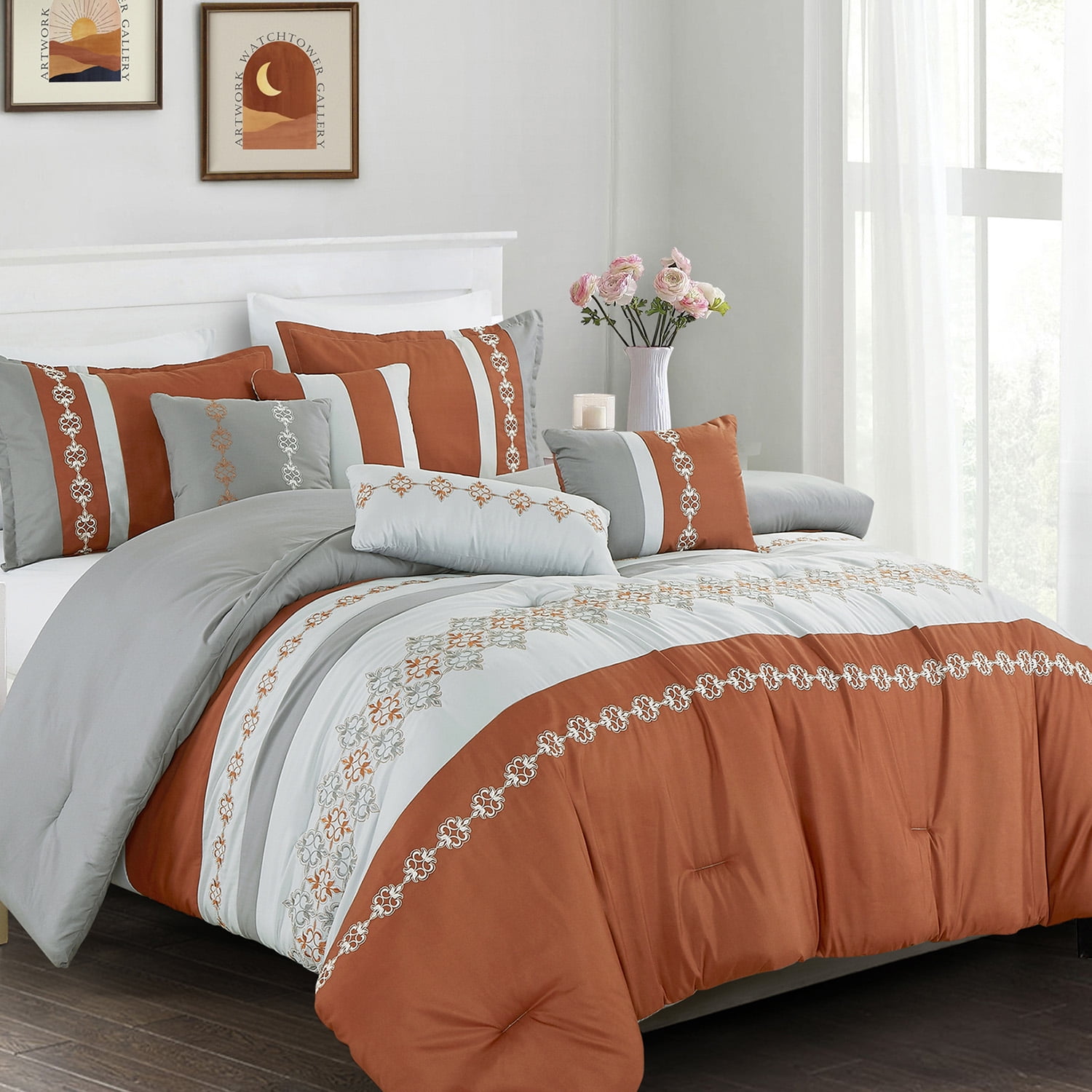 Hig 7 Pieces Luxurious Queen Size Comforter Set Embroidered Brushed