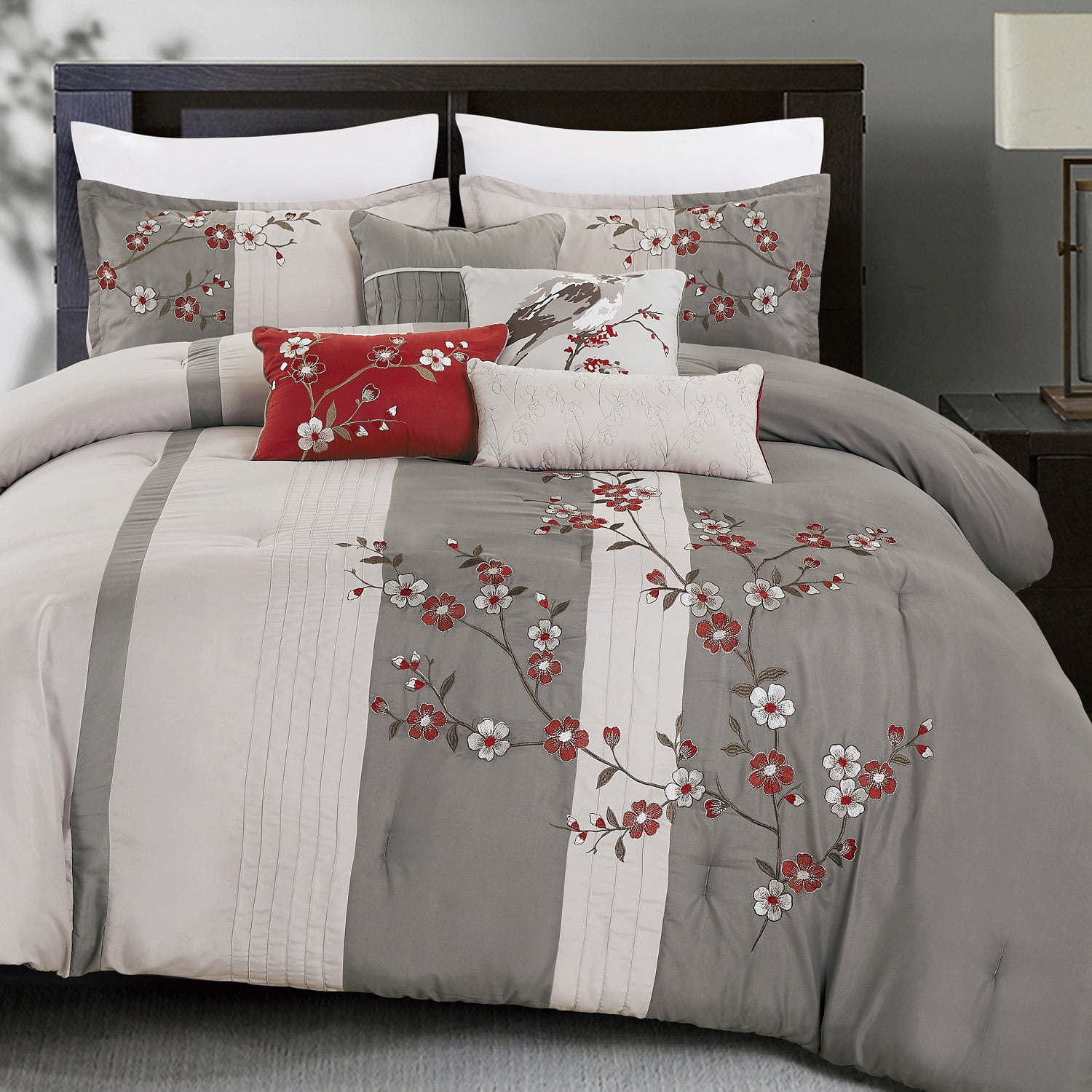 Hig 7 Pieces Plum Blossom Embroidery Comforter Set Color Block