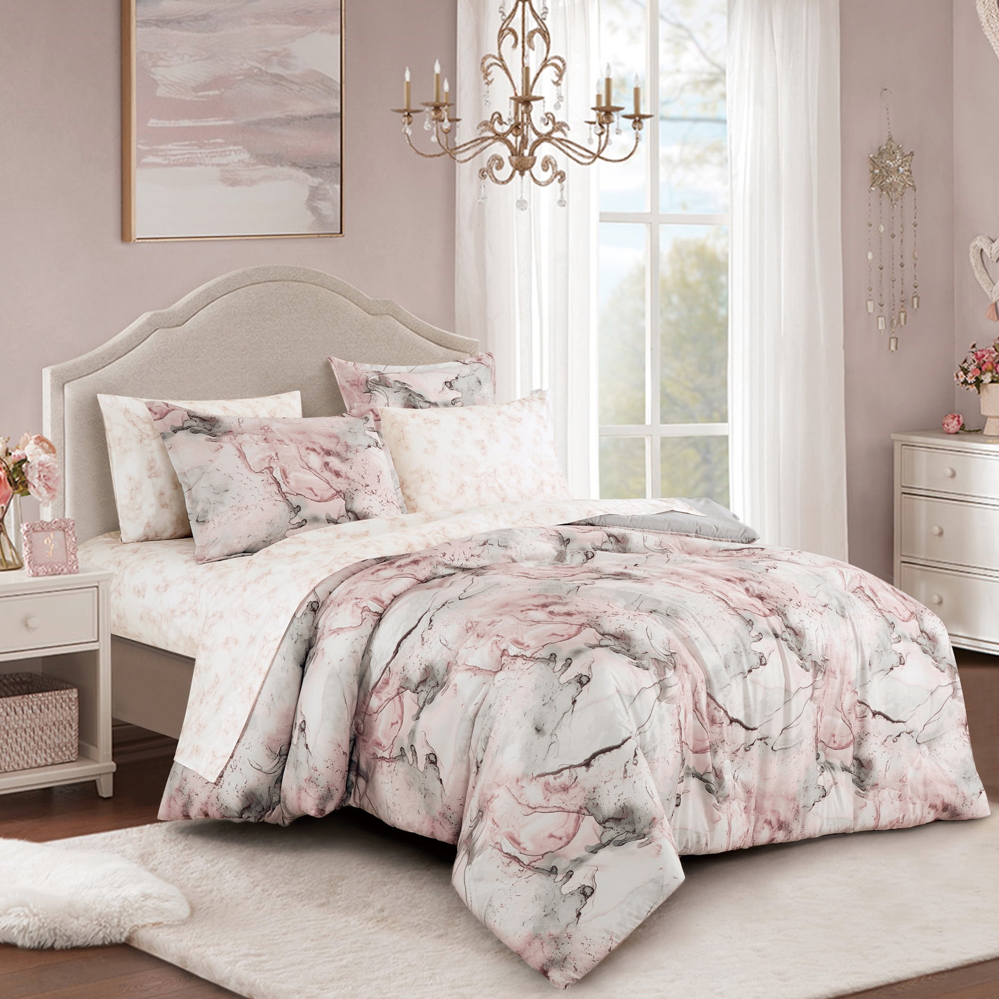 HIG 7PC Floral Blossom Embroidered Comforter Set - Blush Pink, King, in ...