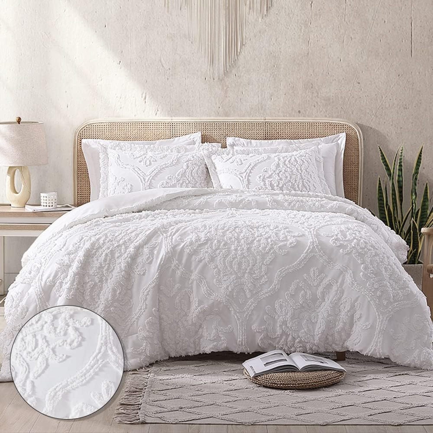 HIG Boho Tufted Damask Bed in A Bag, 7 Pieces White Modern Textured ...