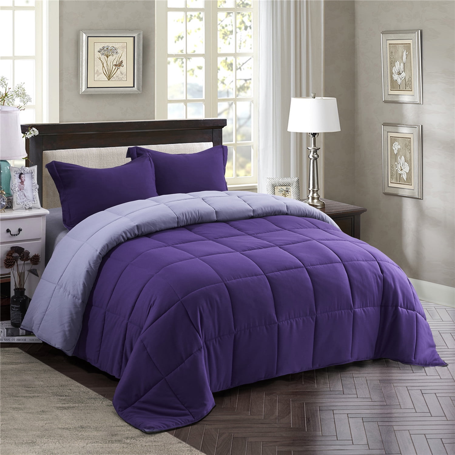 HIG Light Weight Down Alternative Comforter, Queen, Purple, Reversible ...
