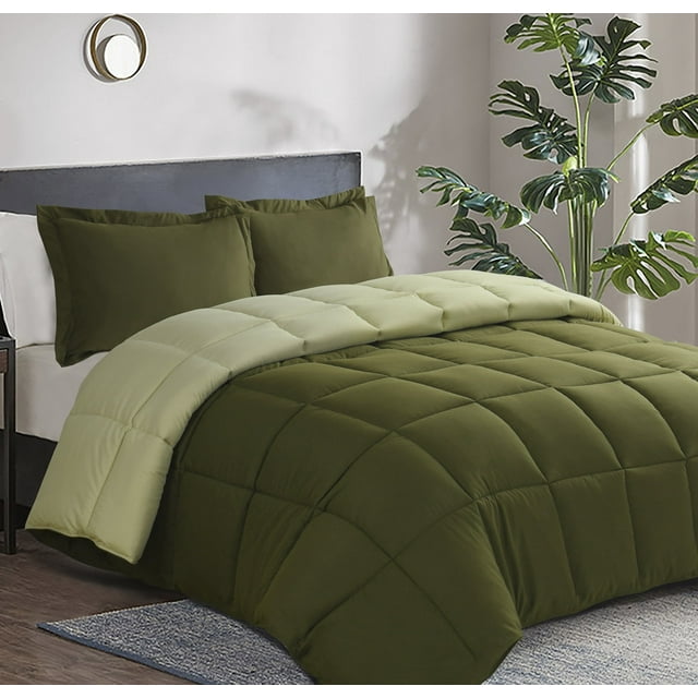 HIG Microfiber Down Alternative Comforter Set, Queen, Olive, Reversible ...
