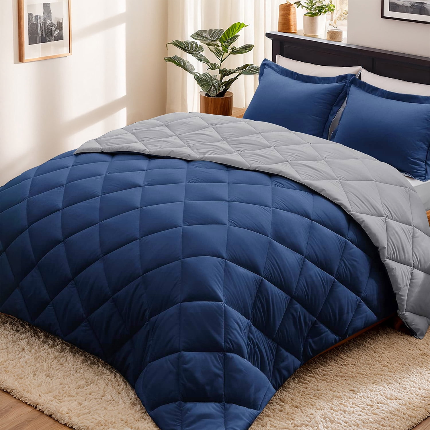 HIG Reversible Down Alternative Comforter Set, Queen, Navy/Gray ...