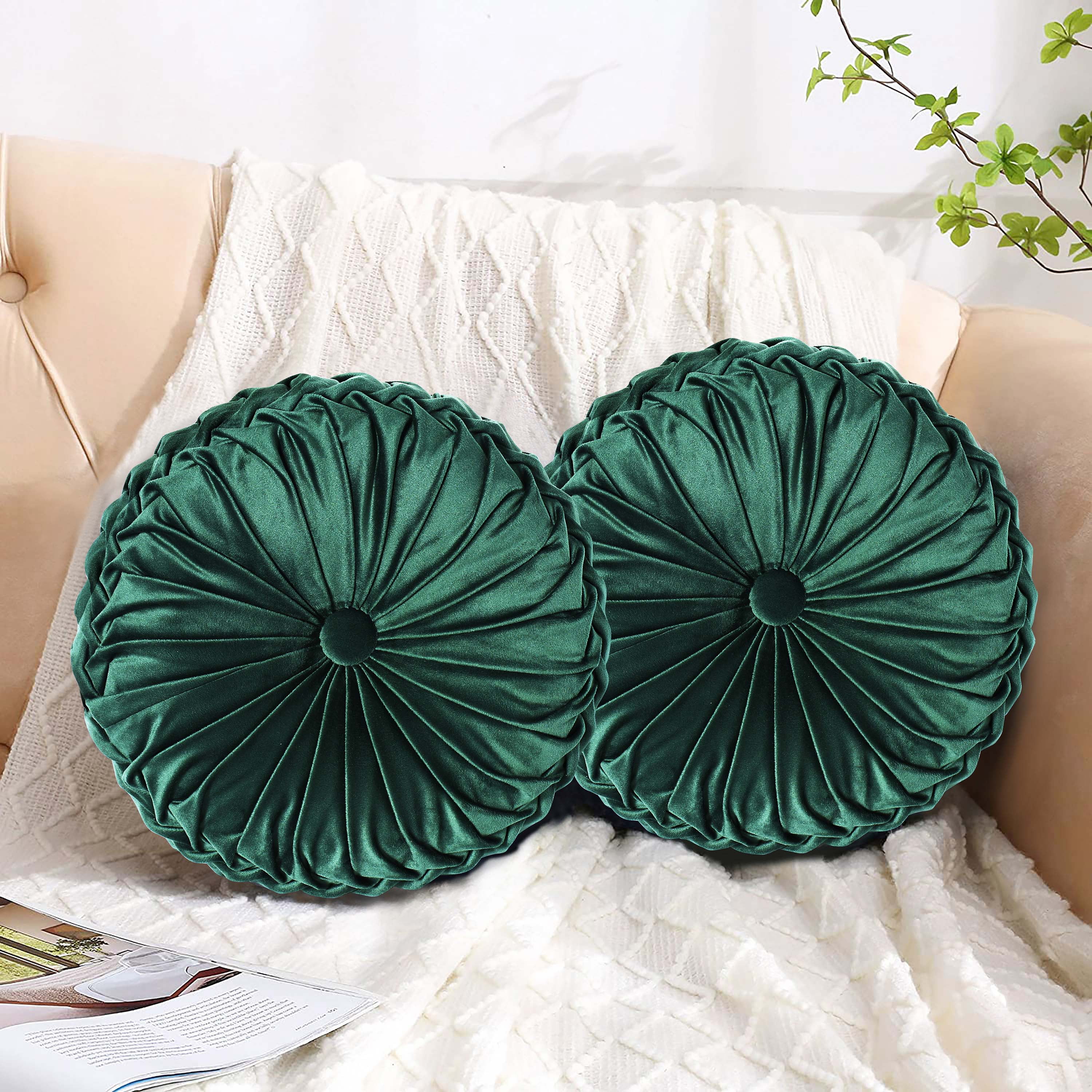 HIG Set of 2 Pumpkin Pleated Round Throw Pillows, Soft Velvet, Emerald ...