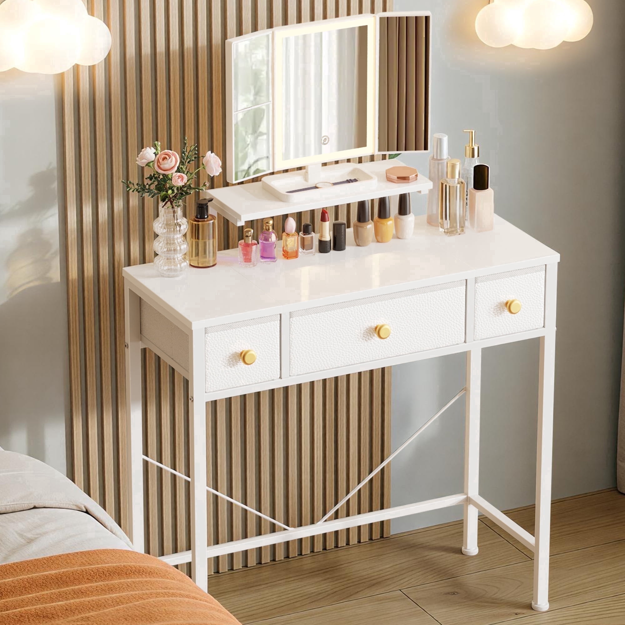 HIGDBFE Small Makeup Vanity Desk with Lighted Mirror, 3 Fabric Drawers ...