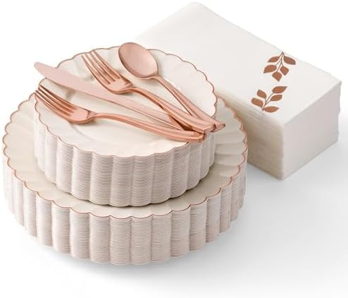 HIGH END 175 Pc Ivory Scalloped Plastic Plates Rose Gold Trim – Elegant ...