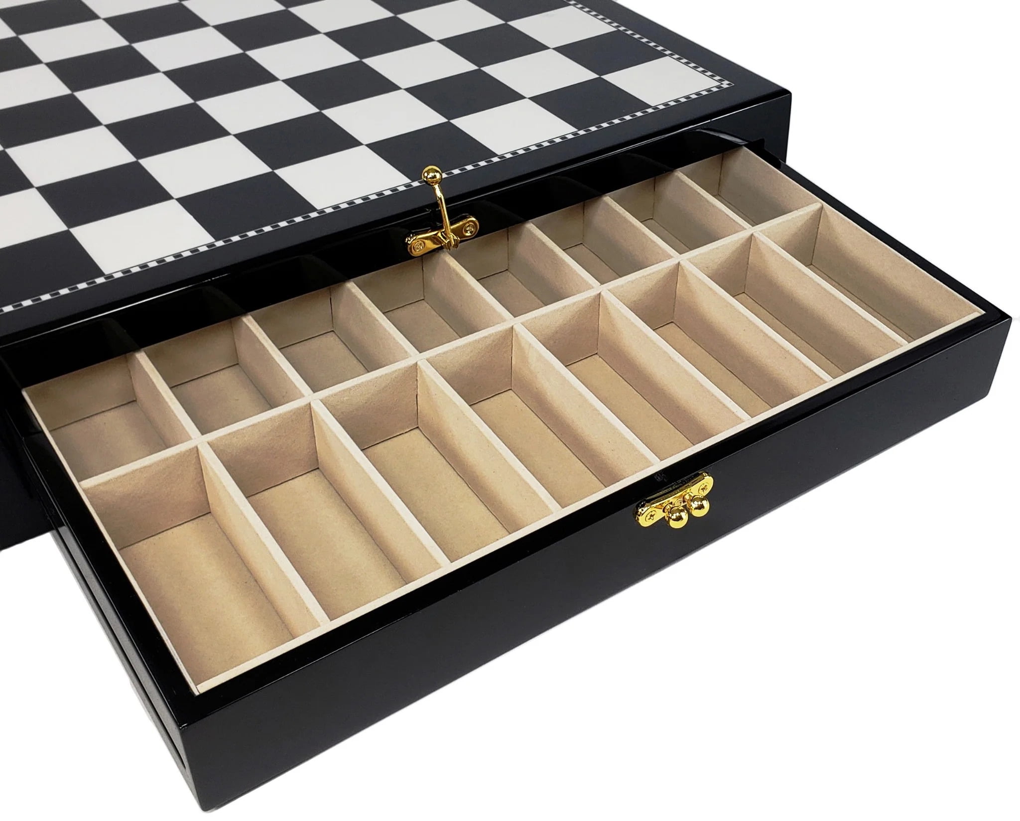 HIGH GLOSS 17 1/2 inch Black and White STORAGE Chess Board W/ 2 DRAWERS ...
