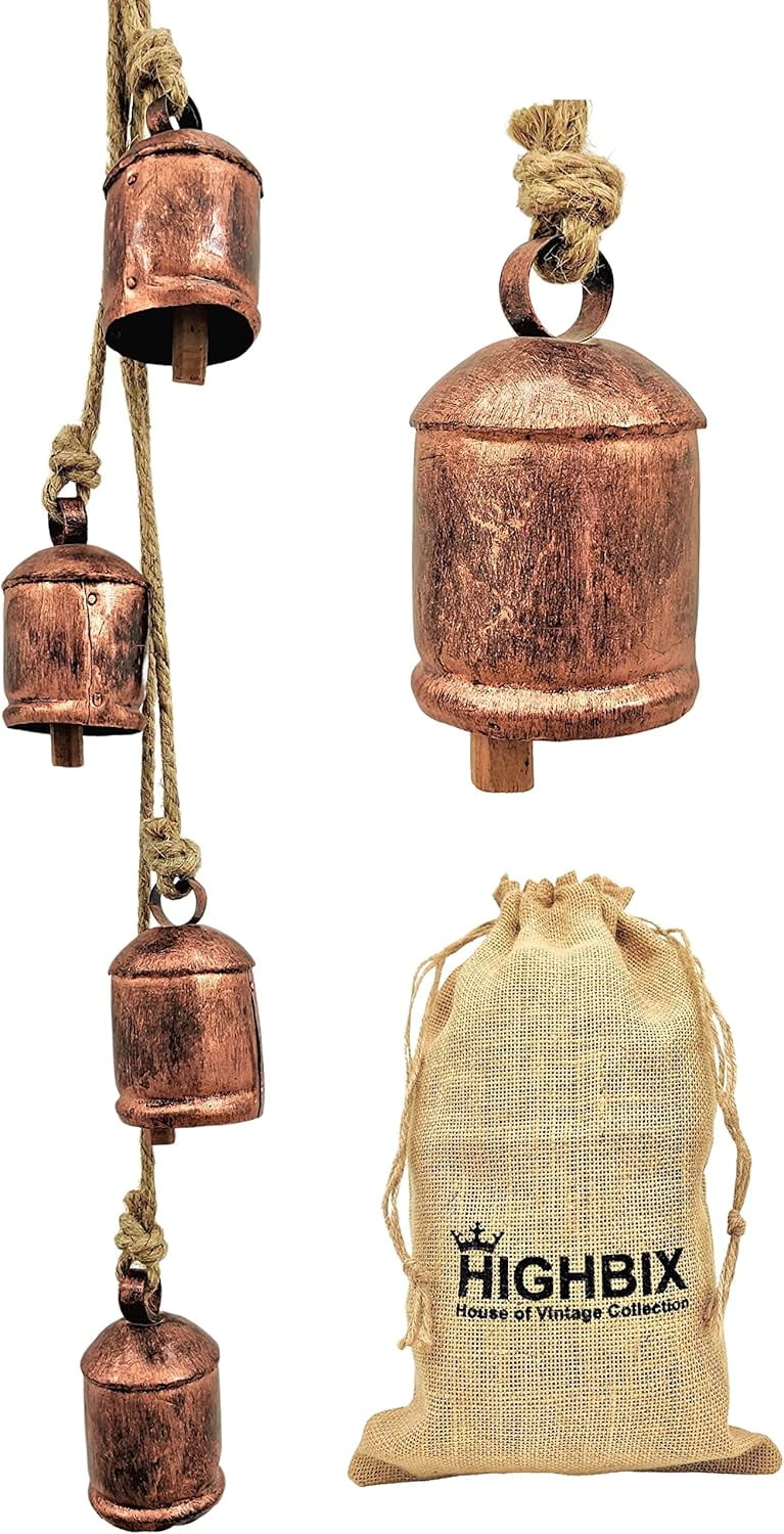 HIGHBIX Harmony 4 Cow Bells Cluster on Rope Large Rustic Vintage Lucky ...