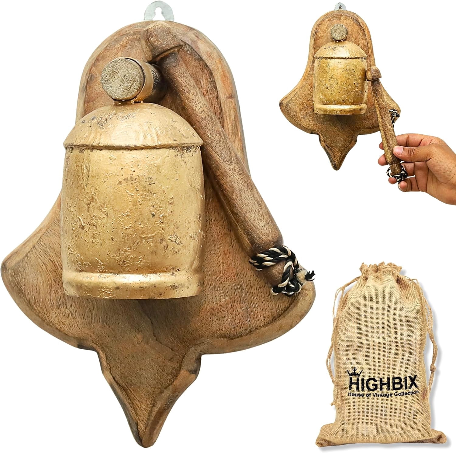 HIGHBIX Vintage Wooden Wall-Mounted Door Bell – Handmade Rustic Iron ...