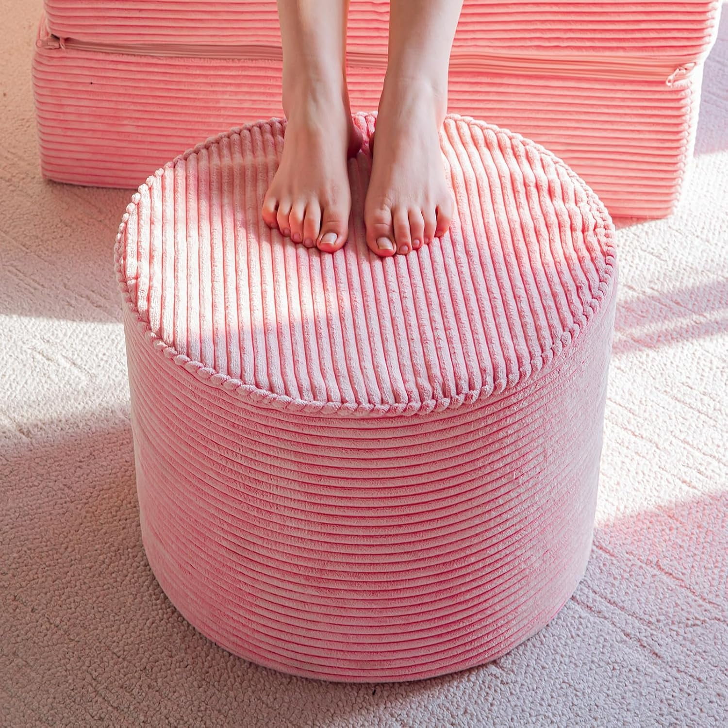 HIGOGOGO Round Stuffed Pouf Ottoman, Corduroy Poufs with High-Density ...