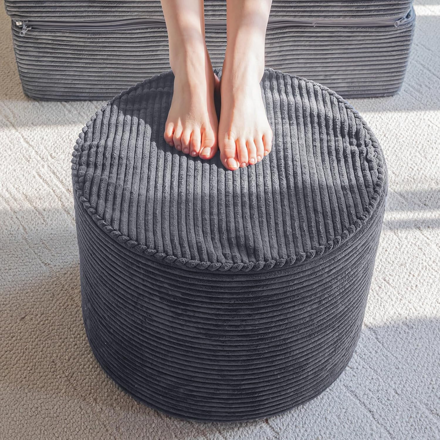 Round Stuffed Pouf Ottoman, Corduroy Poufs with High-Density Foam ...