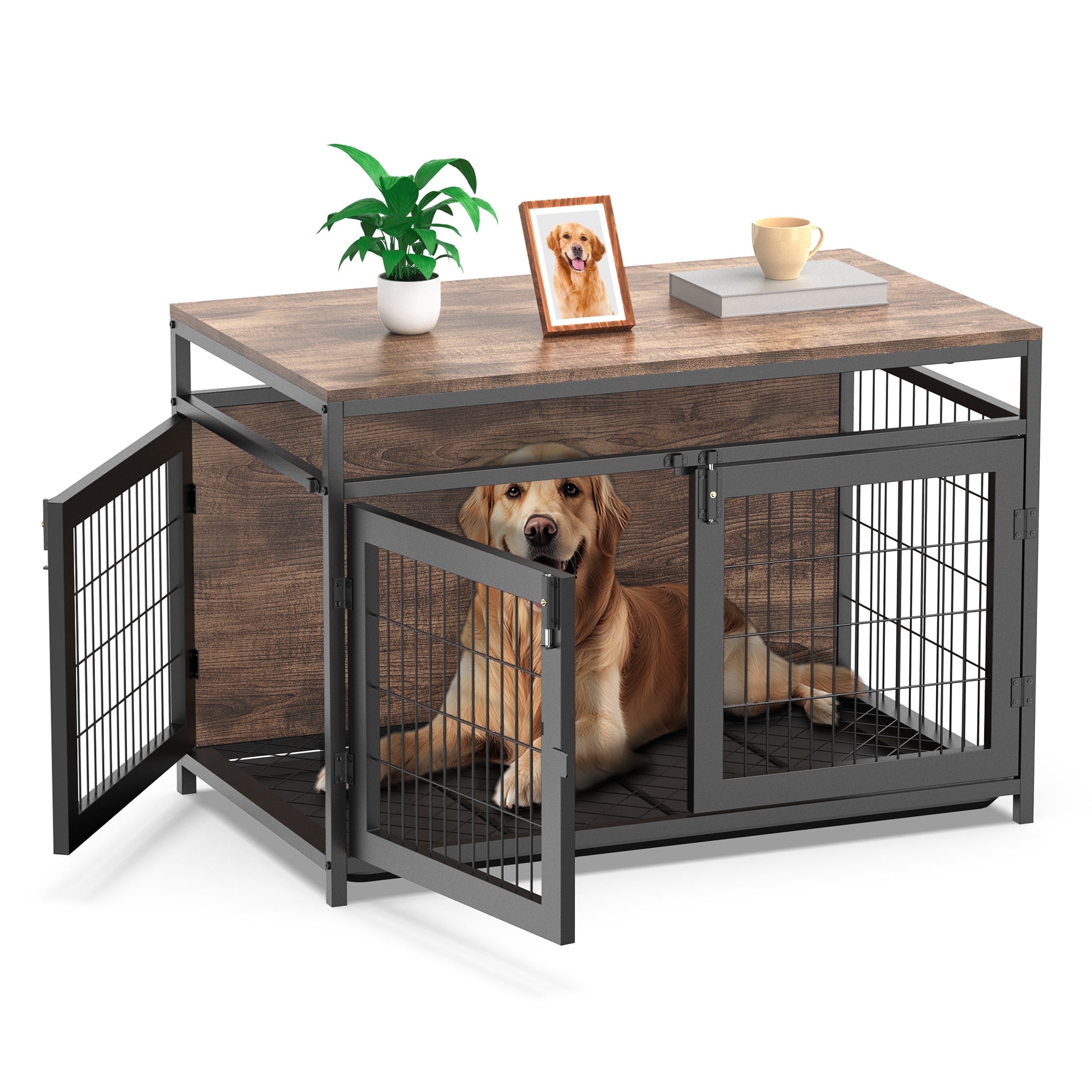 HIJOB 37.4" Corner Rustic Wooden Furniture-Style Pet Kennels Crates ...