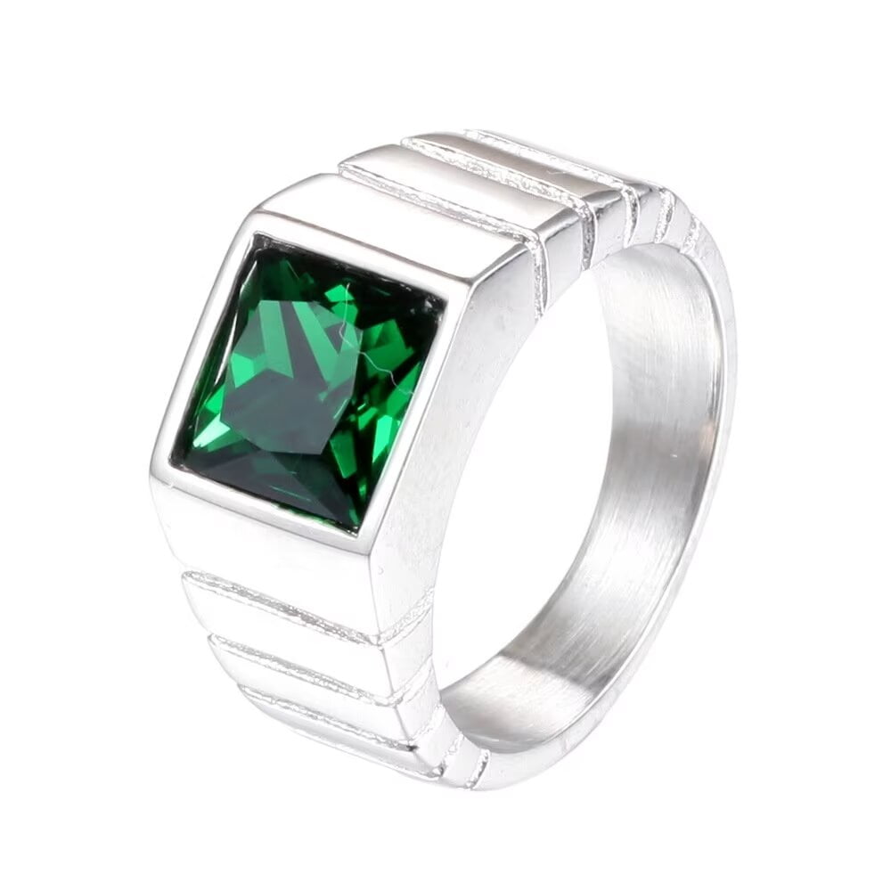 HIJONES Men's Green Stone Ring Stainless Steel Square Crystal Gemstone ...