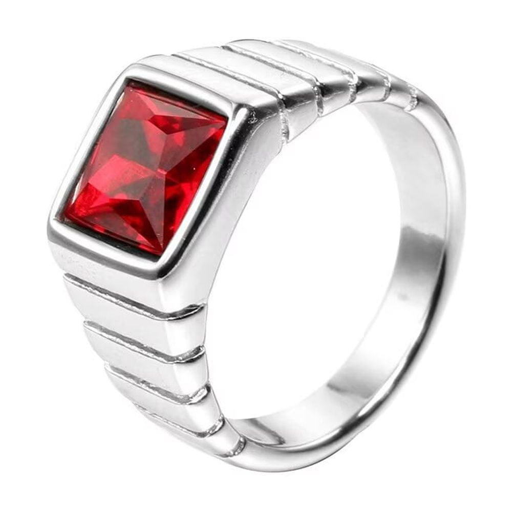 HIJONES Men's Red Stone Ring Stainless Steel Square Crystal Gemstone ...