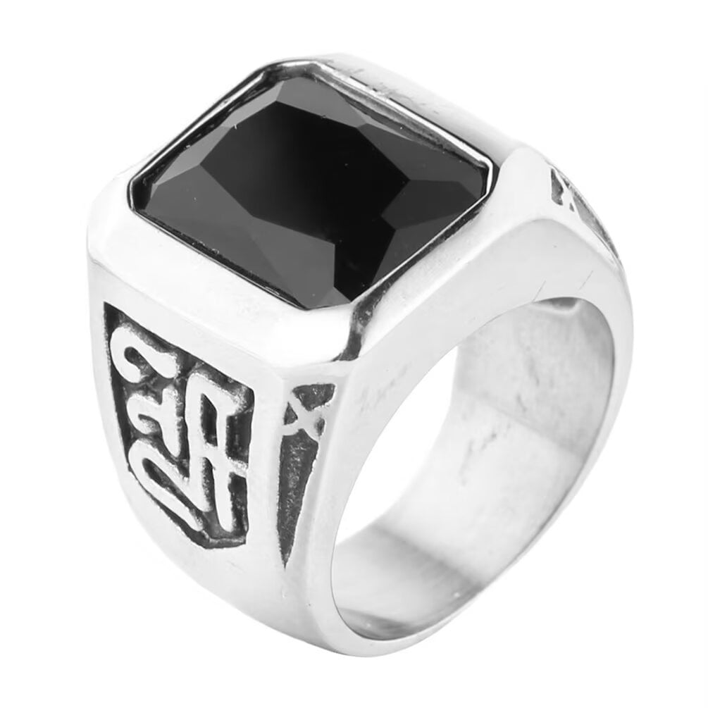 HIJONES Men's Stainless Steel Big Square Onyx Gemstone Signet Ring Sign ...